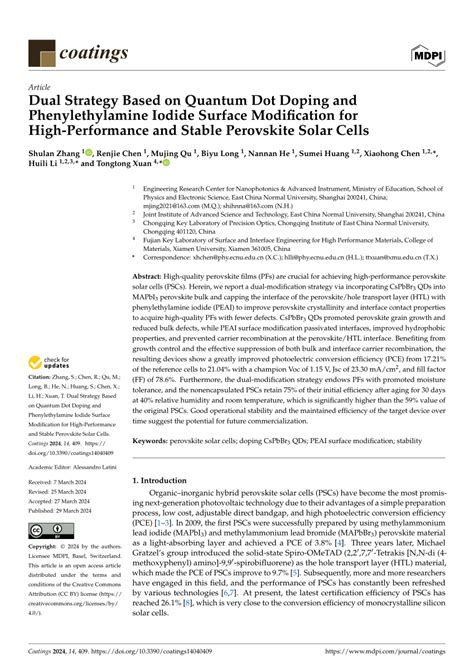 Pdf Dual Strategy Based On Quantum Dot Doping And Phenylethylamine Iodide Surface Modification