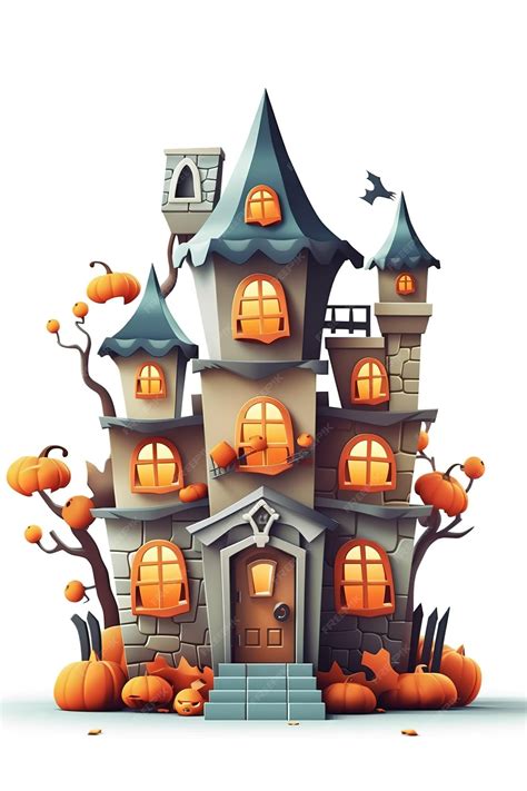 만화 종이 공예 스타일의 으스스한 할로윈 유령의 집 3d 렌더링된 오래된 소름 끼치는 유령의 집 프리미엄 사진