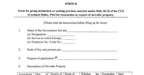 Form II Intimation Or Seeking Previous Sanction Transaction Of Movable Property CCS