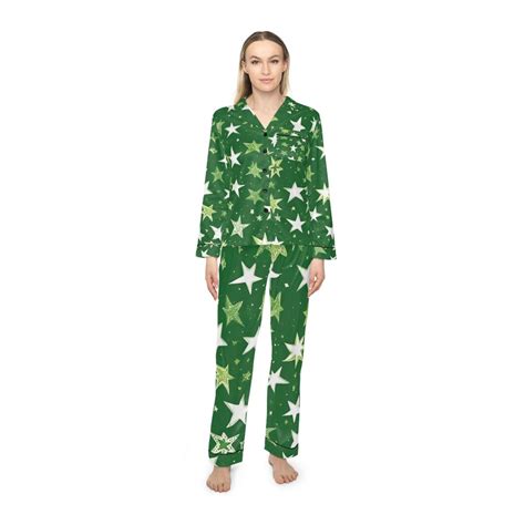 Satin Pajamas With Stars Green Stars Cozy Womens Sleepwear Starry