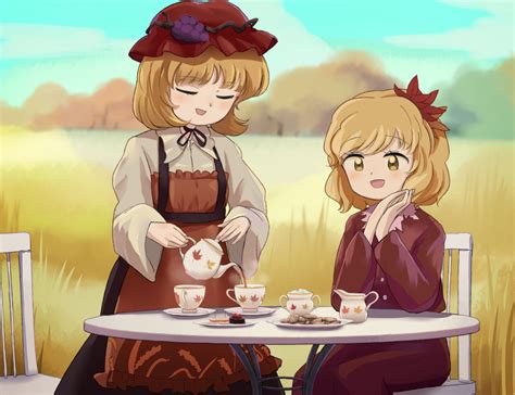 Safebooru 2girls Aki Minoriko Aki Shizuha Apron Autumn Leaves Blonde