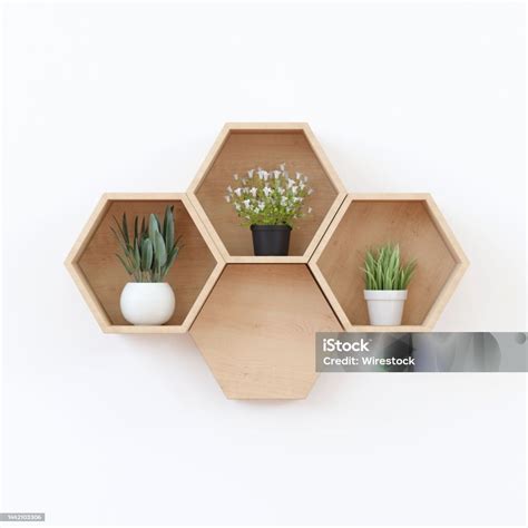 흰색 배경에 격리된 화분에 식물이 있는 나무 육각형 선반의 3d 렌더링 칸 가구에 대한 스톡 사진 및 기타 이미지 칸 가구