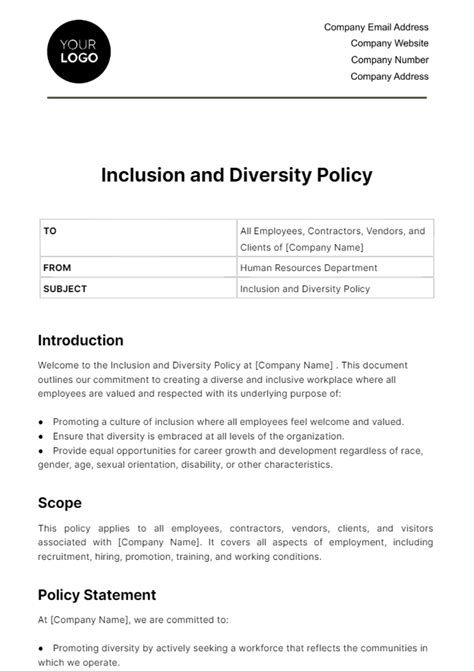 Free Inclusion And Diversity Policy Hr Template To Edit Online