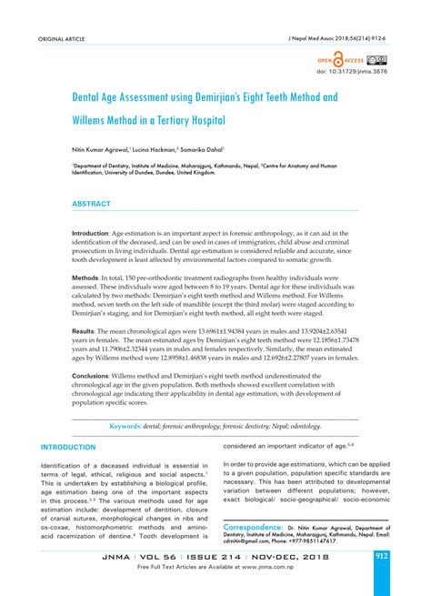 Pdf Dental Age Assessment Using Demirjians Eight Teeth Method And Willems Method In A