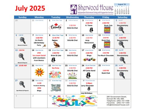 Sherwood House July 2025 Activity Calendar