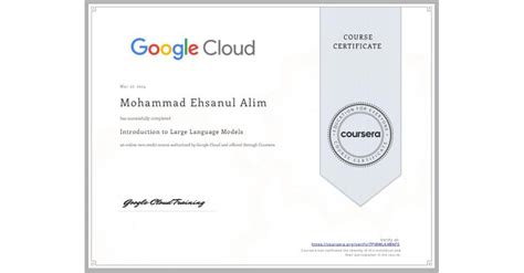 Completion Certificate For Introduction To Large Language Models Mohammad Ehsanul Alim 10