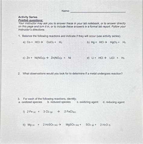 Solved Activity Series Postlab Questions Your Instructor Chegg