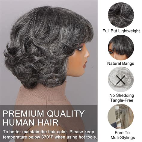 Medium Salt And Pepper Wear Go Human Hair Wigs With Bangs Natural Wavy