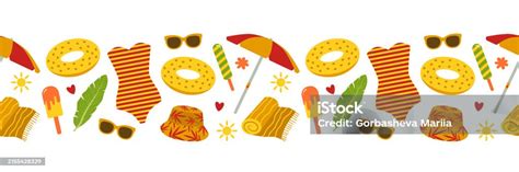 여름의 원활한 국경 해변 휴가 액세서리 수영복 비치 파라솔 수건 아이스크림 선글라스 모자 벡터 일러스트 레이 션 에 대 한 포장 배경 인쇄 수영복에 대한 스톡 벡터 아트 및