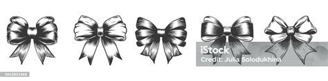활 손으로 그린 일러스트 세트입니다 리본 매듭 선형 도면 잉크 펜 나비 매듭 컬렉션 나비 넥타이 조각 모조 스케치 벡터 일러스트 레이 션 흰색 절연 나비매듭에 대한 스톡