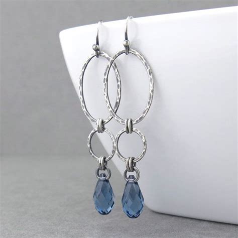 Long Dangle Earrings Silver Drop Earrings Blue Crystal Earrings