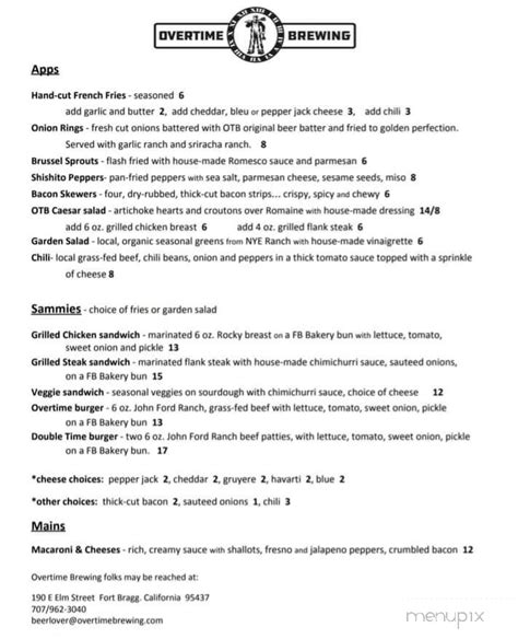Overtime Brewing Company Menu In Fort Bragg Ca Order Delivery And Reviews