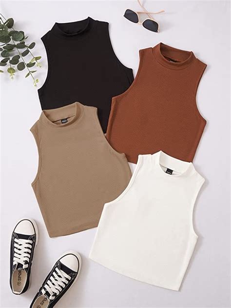 Womens 4 Piece Mock Neck Crop Top Basic Sleeveless Ribbed Knit Cami
