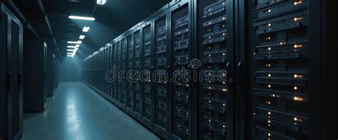 Server Room Data Center With Rows Of Operating Computer Equipment It Infrastructure Stock