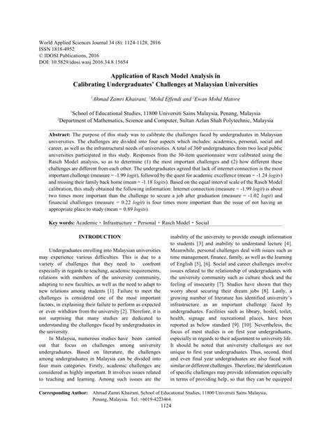 Pdf Application Of Rasch Model Analysis In Calibrating Undergraduates Challenges At Malaysian