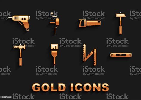 페인트 브러시 망치 건설 거품 수준 접는 눈금자 발톱 망치 손 톱 전기 핫 글루건 및 드릴 아이콘을 설정합니다 벡터 갈고리 발톱에 대한 스톡 벡터 아트 및 기타 이미지