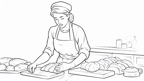 Woman Cutting Bread In Kitchen Continuous Line Art Premium Ai Generated Vector