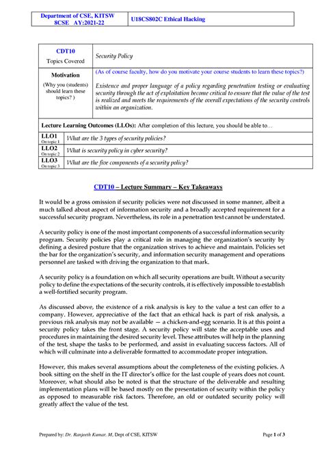 Eh Week 4 10 Notes For Eh Department Of Cse Kitsw 8cse Ay2021 22 U18cs802c Ethical Hacking