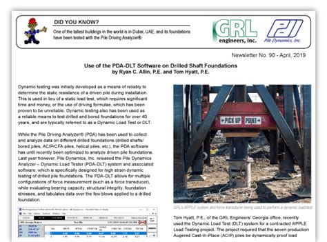 Issue 90 Use Of The Pda Dlt Software On Drilled Shaft Foundations Grl Engineers