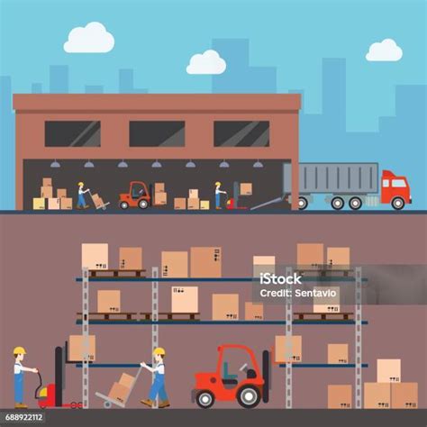 배달 저장소 건물 인테리어 외관 실내 야외 로더 작업자 바퀴 포크 상자 상자 패키지 랙 개념 웹 사이트 그림 로드 창 평면 스타일 웹사이트 창조적인 벡터 템플릿입니다 나무