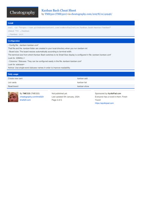 Kanban Bash Cheat Sheet By Tme520 Download Free From Cheatography Cheat