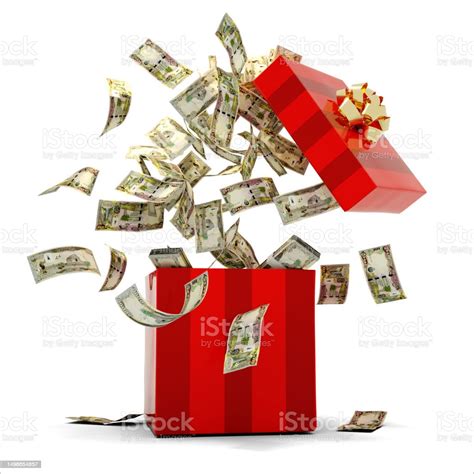 열린 빨간 선물 상자에서 나오는 많은 이라크 디나르 지폐의 3d 렌더링 상자 밖으로 날아가는 돈 0명에 대한 스톡 사진 및 기타 이미지 Istock