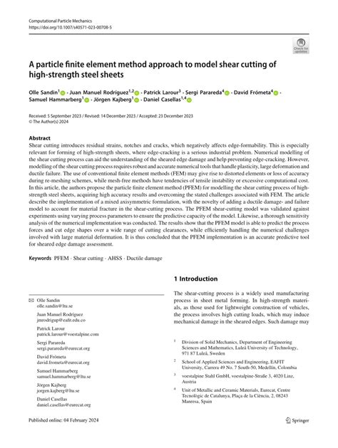 Pdf A Particle Finite Element Method Approach To Model Shear Cutting Of High Strength Steel Sheets