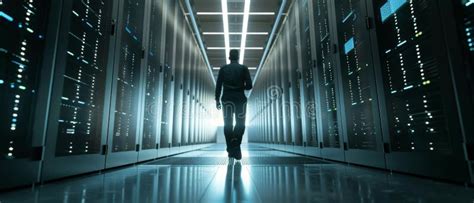 a male it specialist walks between rows of operational server racks in
