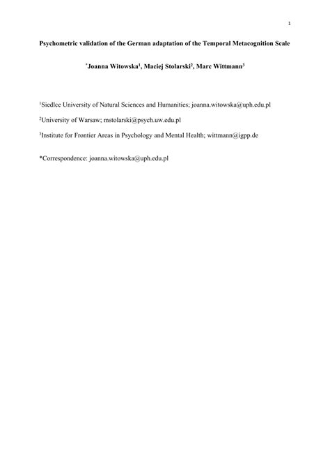 Pdf Psychometric Validation Of The German Adaptation Of The Temporal Metacognition Scale