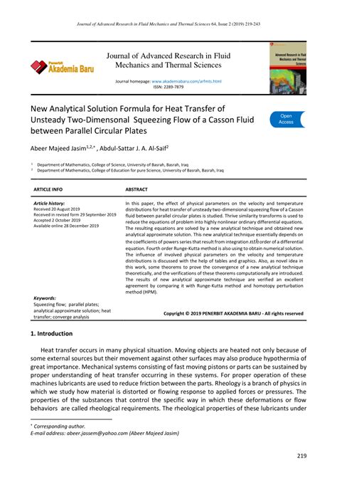Pdf New Analytical Solution Formula For Heat Transfer Of Unsteady Two Dimensonal Squeezing