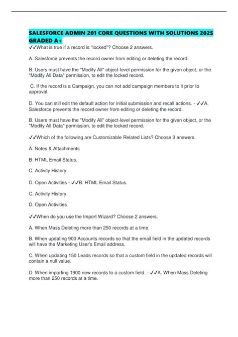 Salesforce Admin 201 Core Questions With Solutions 2025 Graded A