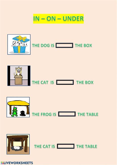 In On Under Exercise Educational Worksheets Prepositions English