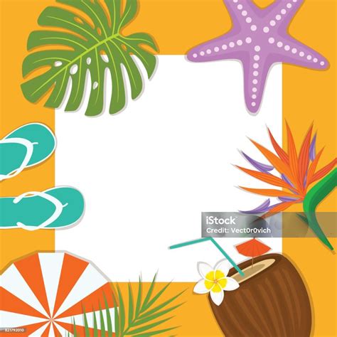 여름 시간 해변 여행 프레임 카드 배경 템플릿 플립 퍼 우산 코코넛 음료 극락조 화 오리발 Mostera 열 대 잎 조개 텍스트에 대 한 장소 개체 그룹에 대한 스톡 벡터