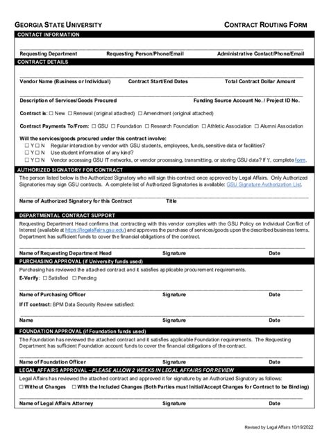 Fillable Online Contract Routing Form Gsu Legal Affairs Fax Email