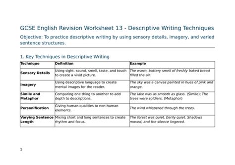 Descriptive Writing Techniques Gcse Worksheet 13 Teaching Resources
