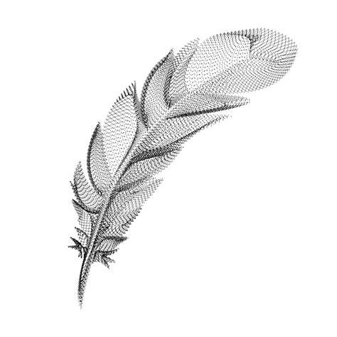 검은 점과 입자로 구성된 깃털 실루엣 곡물 질감이 있는 새 깃털의 3d 벡터 와이어프레임 흰색 배경에 고립 된 점선 구조로 추상적인 기하학적 아이콘 프리미엄 벡터
