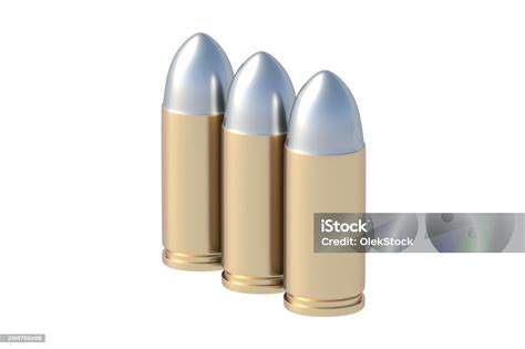 Row Of Pistol Bullets Isolated On White Background 3d Render Stock