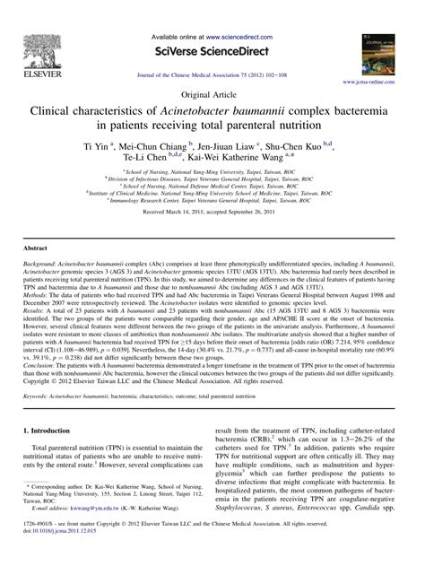 Pdf Clinical Characteristics Of Acinetobacter Baumannii Complex Bacteremia In Patients