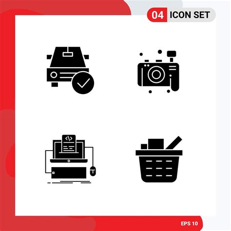 User Interface Pack Of 4 Basic Solid Glyphs Of Car Coding Done Photo Monoblock Editable Vector