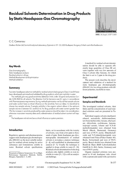 Pdf Residual Solvents Determination In Drug Products By Static Headspace Gas Chromatography