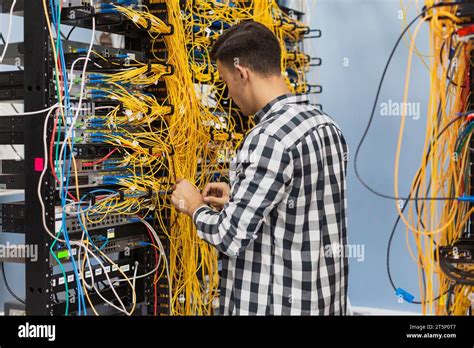 Man Working Ethernet Switch Stock Photo Alamy