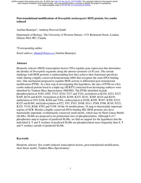 PDF Post Translational Modifications Of Drosophila Melanogaster HOX Protein Sex Combs Reduced