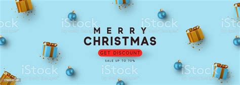 크리스마스와 새해 휴일 현실적인 선물 상자 장식 볼 블루 배경 인사말 카드 배너 수평 포스터 헤더 웹 사이트 Xmas 장식 할인 받기 최대 70 판매 12월 31일에 대한