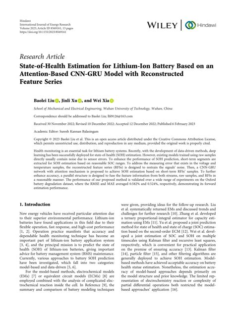 Pdf State Of Health Estimation For Lithium Ion Battery Based On An Attention Based Cnn Gru