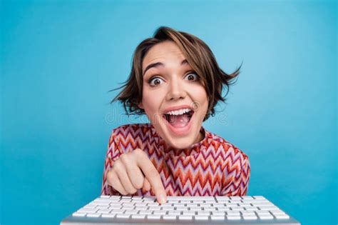 Photo Of Excited Funky Woman Dressed Print Top Typing Modern Gadget