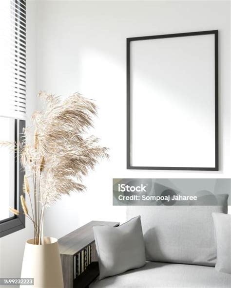 하얀 벽 흰색과 회색 소파 꽃병 램프 책 고급 인테리어 디자인 아파트 3d 렌더링에 큰 빈 흰색 포스터 프레임 0명에 대한 스톡
