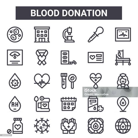 헌혈 개요 아이콘 세트 적혈구 체중 혈액 우유 인명 구조 현미경 글로벌 약물과 같은 얇은 선 아이콘이 포함됩니다 보고서 프레젠테이션 다이어그램 웹 및 간호사에 대한 스톡