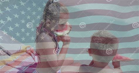 Image Of American Flag Over Happy Caucasian Brother And Sister Eating Watermelon On Sunny Beach