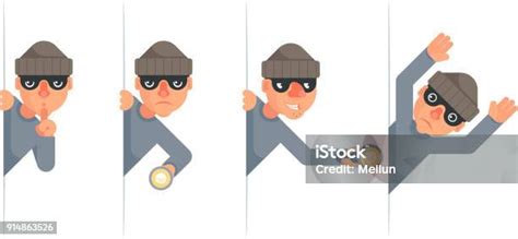 만화 캐릭터 고립 된 평면 디자인 벡터 일러스트 레이 션을 주고 악한 도둑 탐욕 잡아 손을 손전등 항복 밖으로 엿보는 도둑에