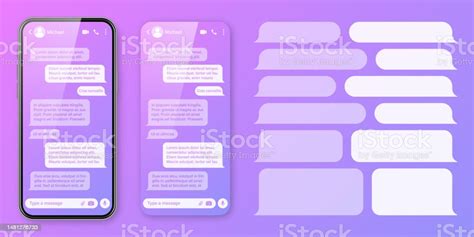 화려한 보라색 배경에 메시징 앱이 있는 현실적인 스마트폰 빈 Sms 텍스트 프레임입니다 투명한 메시지 거품이 있는 채팅 화면 소셜 미디어 응용 프로그램 벡터 그림 Brand